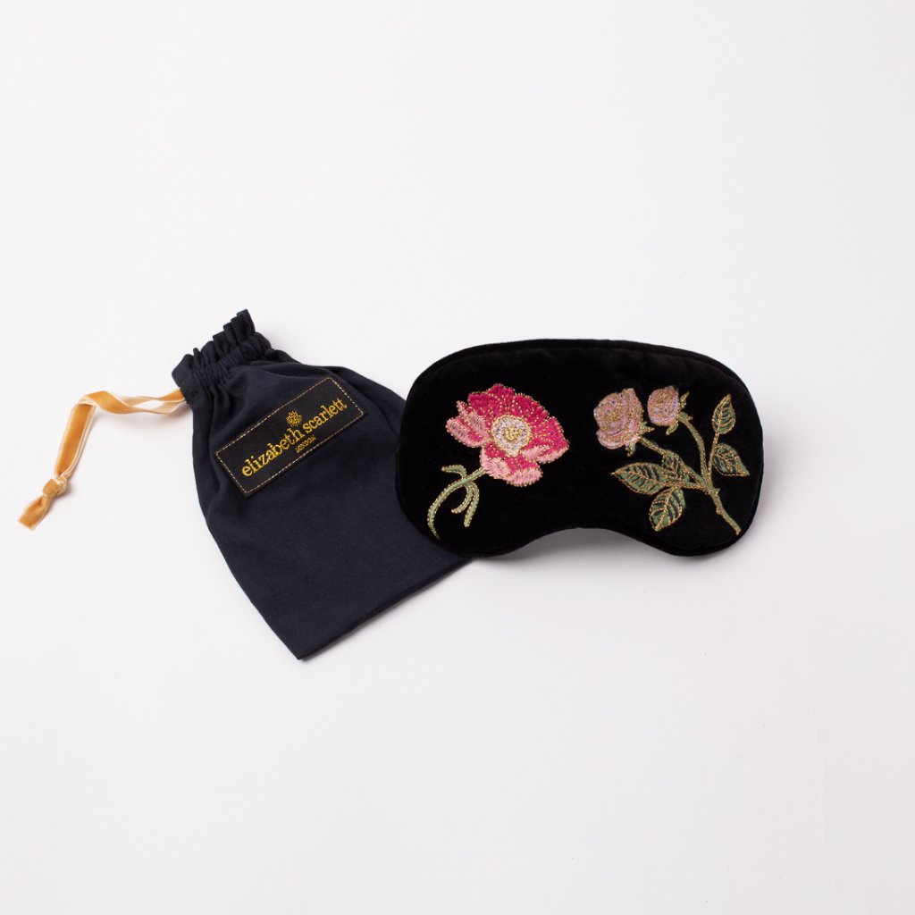 Embroidered British Blooms Print Black Velvet Eye Mask – Elizabeth Scarlett